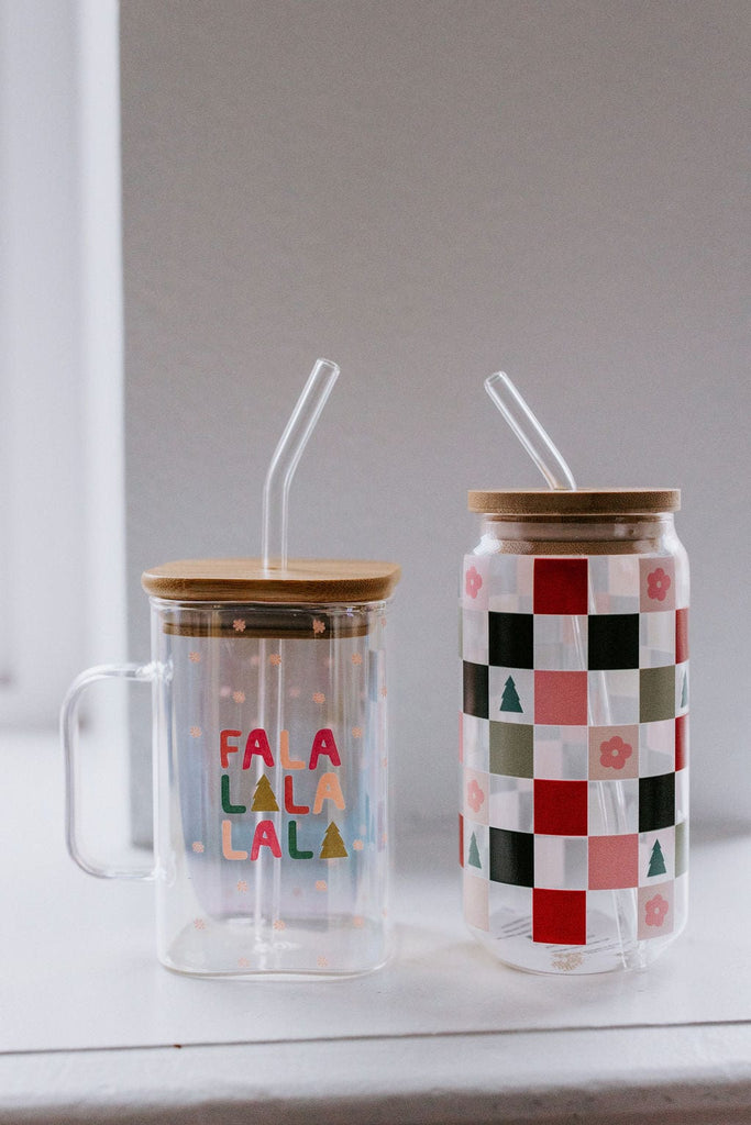 ROUND GLASS CUP IN CHRISTMAS HOLIDAY CHECKERS – Love Marlow